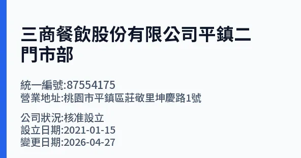 三商餐飲股份有限公司平鎮二門市部的照片-統編 87554175(桃園市) 公司登記資料與營業項目詳細圖表