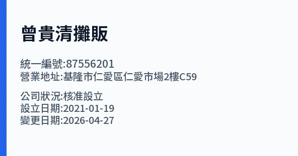 曾貴清攤販的照片-統編 87556201(基隆市) 公司登記資料與營業項目詳細圖表