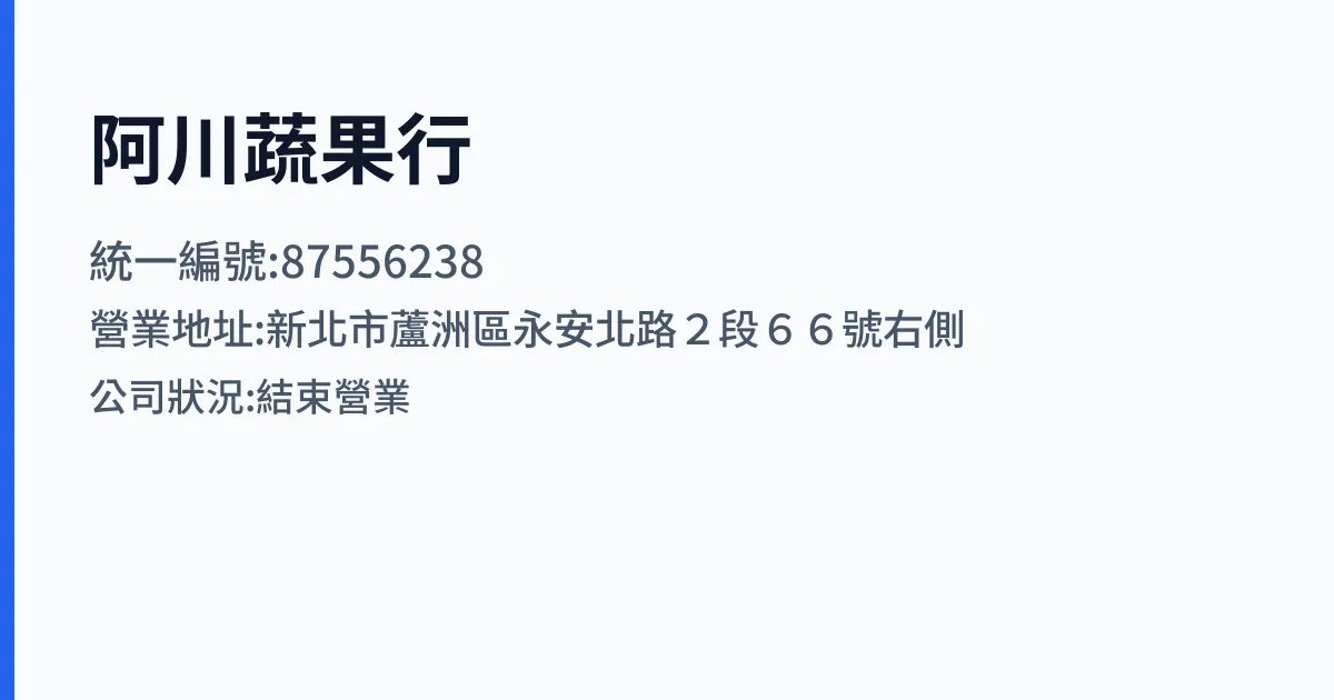 阿川蔬果行 - 統編 87556238(新北市) 公司登記資料與營業項目詳細圖表