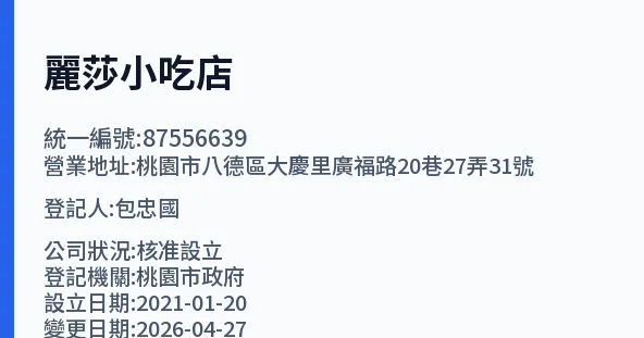 麗莎小吃店的照片-統編 87556639(桃園市) 公司登記資料與營業項目詳細圖表