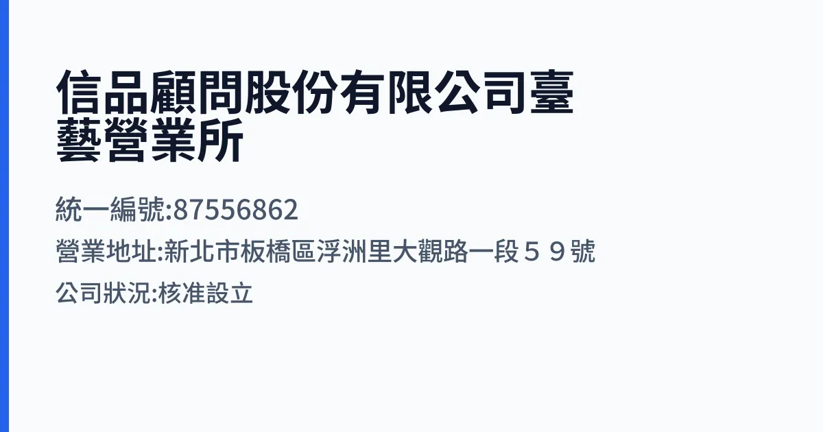 信品顧問股份有限公司臺藝營業所 - 統編 87556862(新北市) 公司登記資料與營業項目詳細圖表