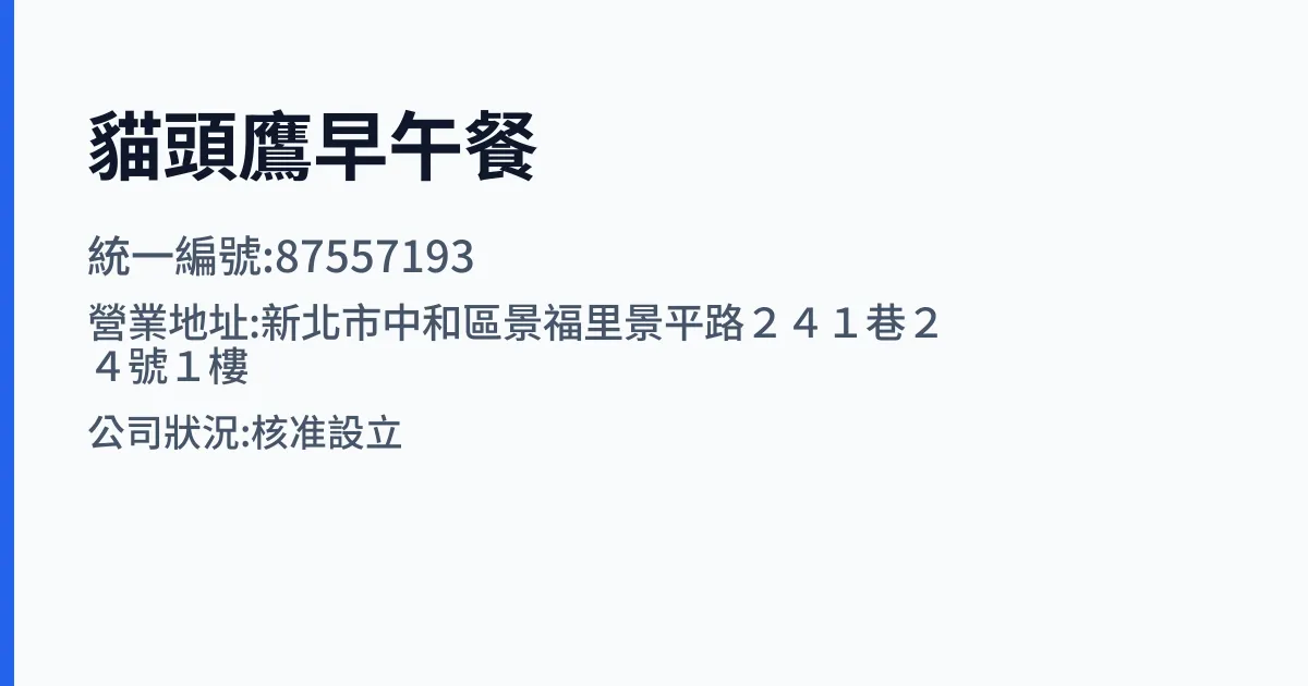 貓頭鷹早午餐 - 統編 87557193(新北市) 公司登記資料與營業項目詳細圖表