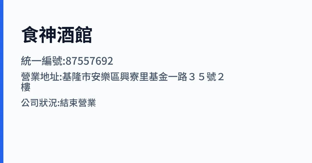 食神酒館 - 統編 87557692(基隆市) 公司登記資料與營業項目詳細圖表