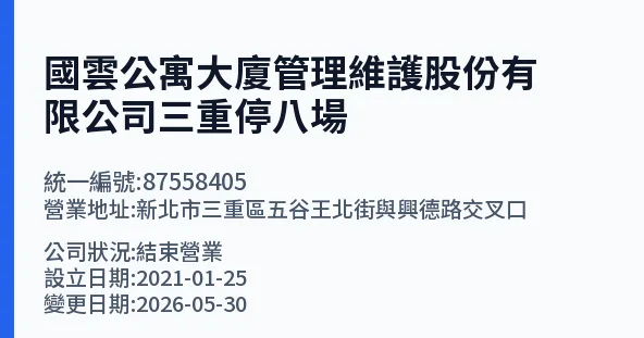 國雲公寓大廈管理維護股份有限公司三重停八場的照片-統編 87558405(新北市) 公司登記資料與營業項目詳細圖表