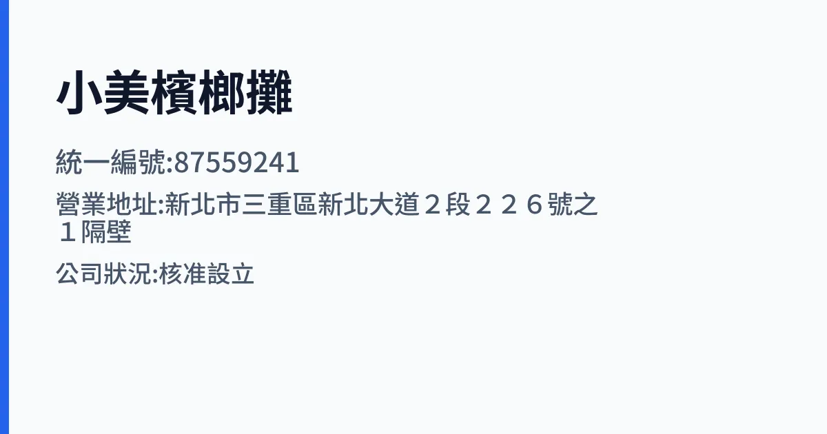 小美檳榔攤 - 統編 87559241(新北市) 公司登記資料與營業項目詳細圖表