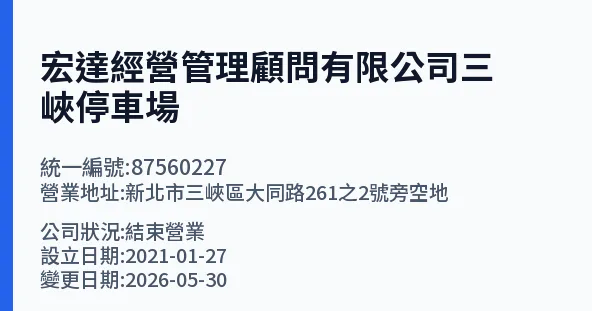 宏達經營管理顧問有限公司三峽停車場的照片-統編 87560227(新北市) 公司登記資料與營業項目詳細圖表