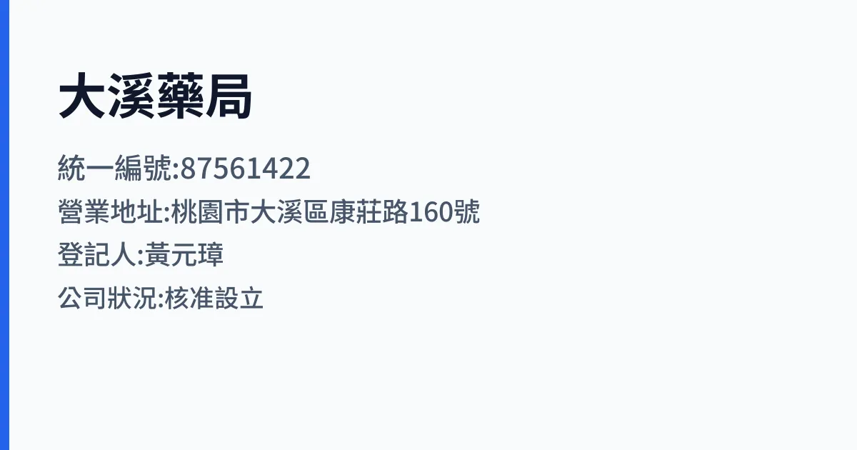大溪藥局 - 統編 87561422(桃園市) 公司登記資料與營業項目詳細圖表
