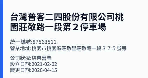 台灣普客二四股份有限公司桃園莊敬路一段第２停車場的照片-統編 87563511(桃園市) 公司登記資料與營業項目詳細圖表