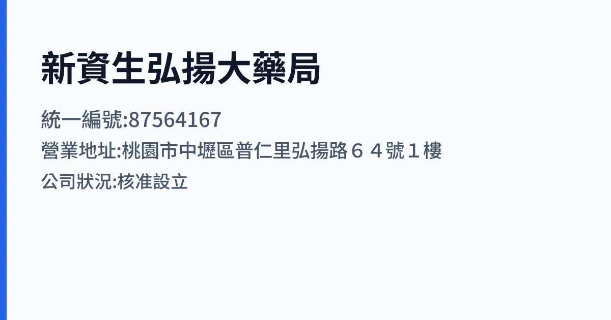 新資生弘揚大藥局 - 統編 87564167(桃園市) 公司登記資料與營業項目詳細圖表