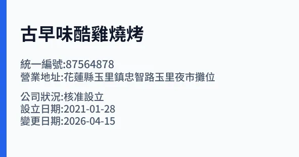 古早味酷雞燒烤 - 統編 87564878(花蓮縣) 公司登記資料與營業項目詳細圖表