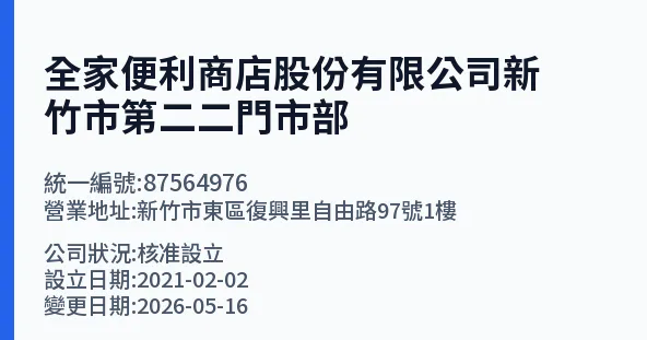 全家便利商店股份有限公司新竹市第二二門市部的照片-統編 87564976(新竹市) 公司登記資料與營業項目詳細圖表