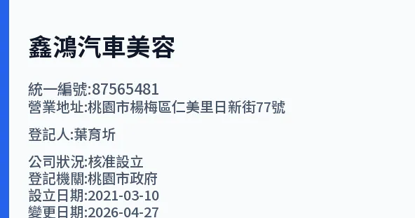 鑫鴻汽車美容的照片-統編 87565481(桃園市) 公司登記資料與營業項目詳細圖表