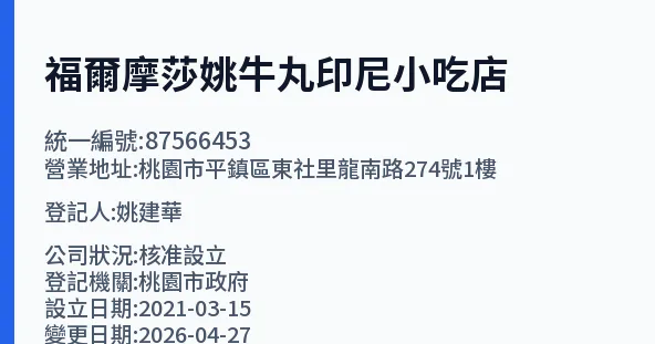 福爾摩莎姚牛丸印尼小吃店的照片-統編 87566453(桃園市) 公司登記資料與營業項目詳細圖表