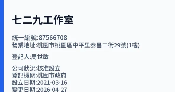 七二九工作室的照片-統編 87566708(桃園市) 公司登記資料與營業項目詳細圖表