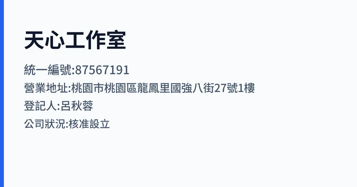 天心工作室 - 統編 87567191(桃園市) 公司登記資料與營業項目詳細圖表