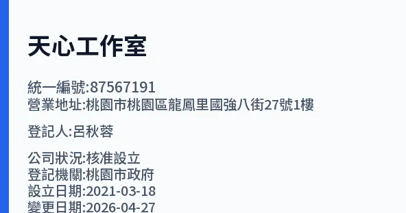 天心工作室的照片-統編 87567191(桃園市) 公司登記資料與營業項目詳細圖表