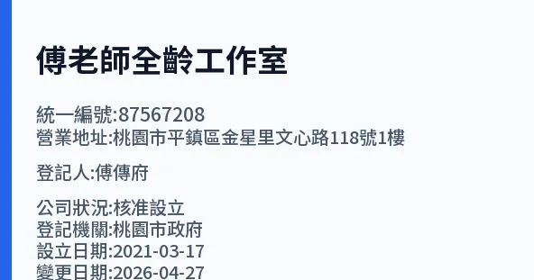 傅老師全齡工作室的照片-統編 87567208(桃園市) 公司登記資料與營業項目詳細圖表