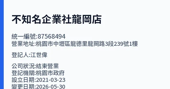 不知名企業社龍岡店的照片-統編 87568494(桃園市) 公司登記資料與營業項目詳細圖表