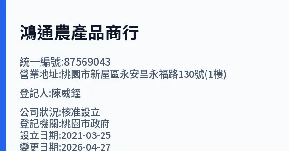 鴻通農產品商行的照片-統編 87569043(桃園市) 公司登記資料與營業項目詳細圖表