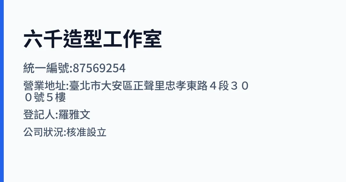 六千造型工作室 - 統編 87569254(桃園市) 公司登記資料與營業項目詳細圖表