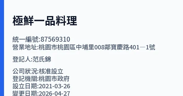 極鮮一品料理的照片-統編 87569310(桃園市) 公司登記資料與營業項目詳細圖表
