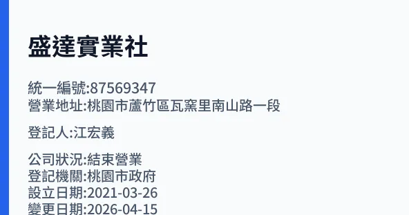 盛達實業社的照片-統編 87569347(桃園市) 公司登記資料與營業項目詳細圖表