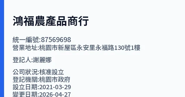 鴻福農產品商行的照片-統編 87569698(桃園市) 公司登記資料與營業項目詳細圖表