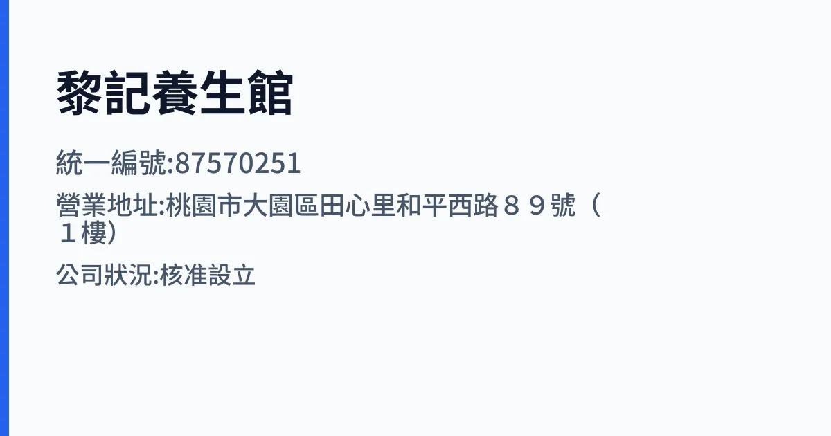 黎記養生館 - 統編 87570251(桃園市) 公司登記資料與營業項目詳細圖表