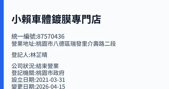 小賴車體鍍膜專門店的照片-統編 87570436(桃園市) 公司登記資料與營業項目詳細圖表