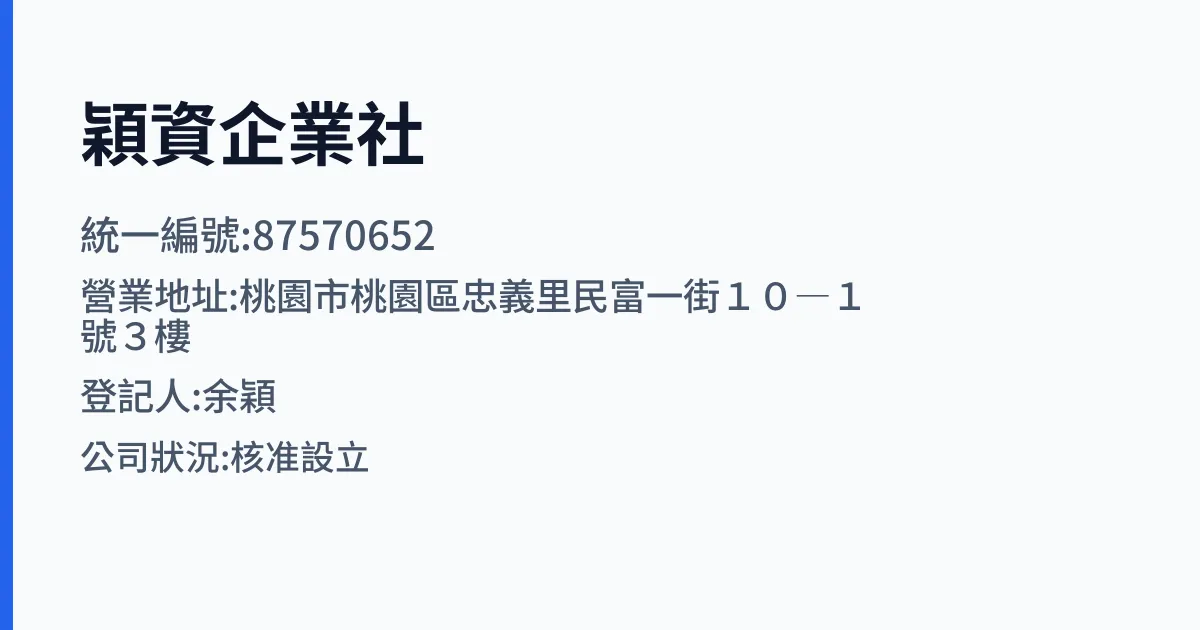 穎資企業社 - 統編 87570652(桃園市) 公司登記資料與營業項目詳細圖表