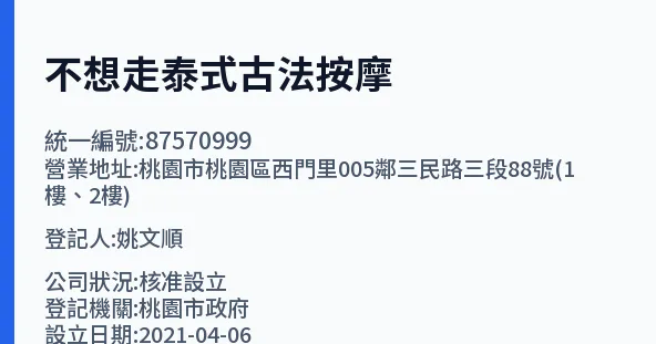 不想走泰式古法按摩的照片-統編 87570999(桃園市) 公司登記資料與營業項目詳細圖表