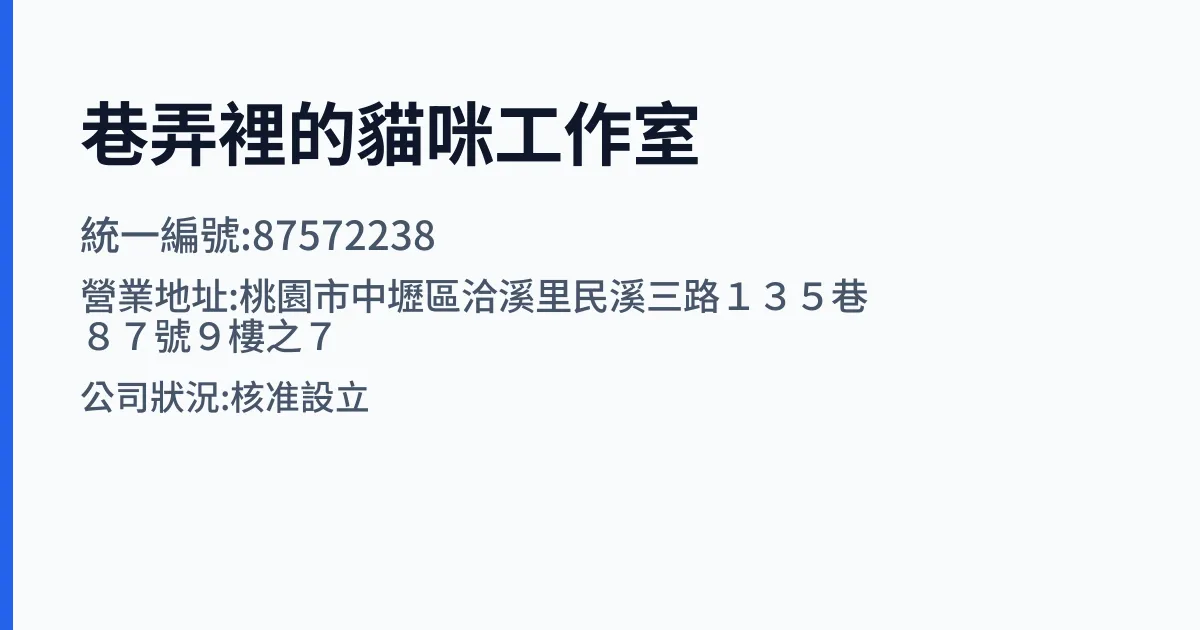 巷弄裡的貓咪工作室 - 統編 87572238（桃園市） 公司登記資料與營業項目詳細圖表