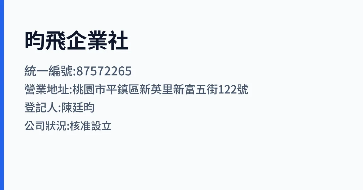 昀飛企業社 - 統編 87572265(桃園市) 公司登記資料與營業項目詳細圖表