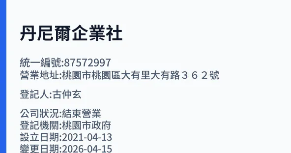 丹尼爾企業社的照片-統編 87572997(桃園市) 公司登記資料與營業項目詳細圖表
