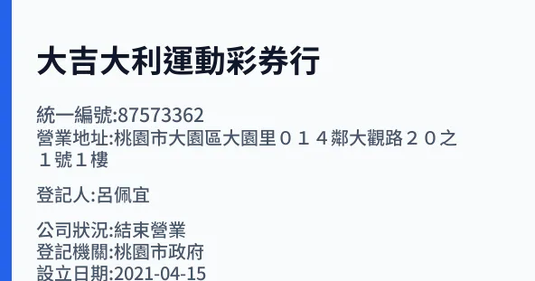 大吉大利運動彩券行的照片-統編 87573362(桃園市) 公司登記資料與營業項目詳細圖表