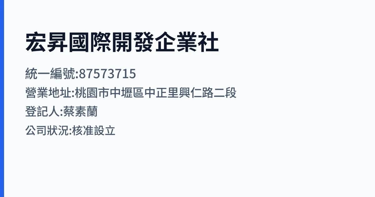 宏昇國際開發企業社 - 統編 87573715(桃園市) 公司登記資料與營業項目詳細圖表
