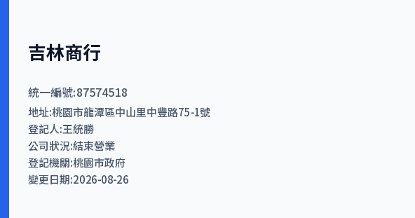 吉林商行的照片-統編 87574518(桃園市) 公司登記資料與營業項目詳細圖表