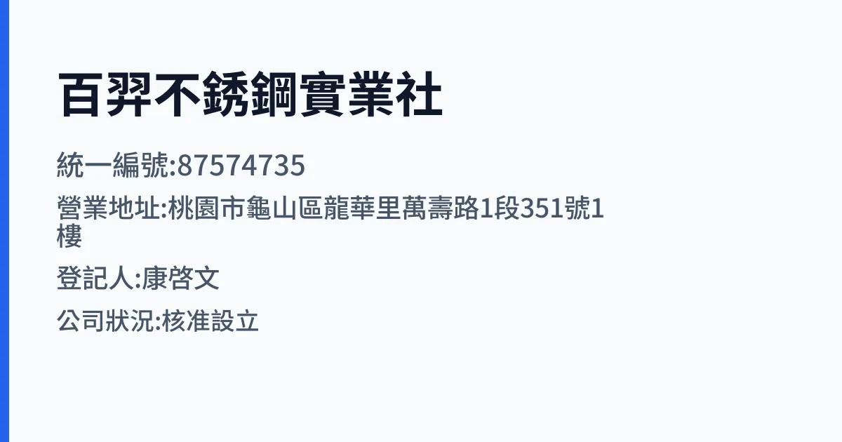 百羿不銹鋼實業社 - 統編 87574735(桃園市) 公司登記資料與營業項目詳細圖表