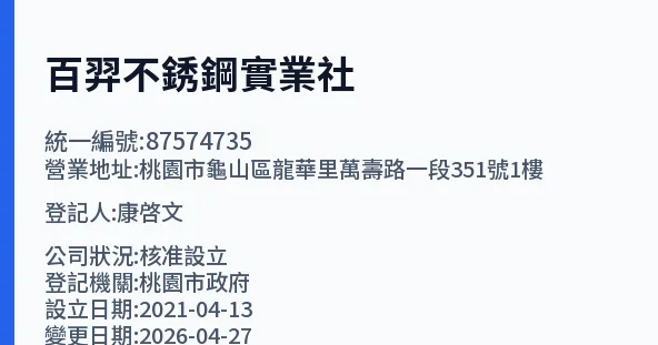 百羿不銹鋼實業社的照片-統編 87574735(桃園市) 公司登記資料與營業項目詳細圖表