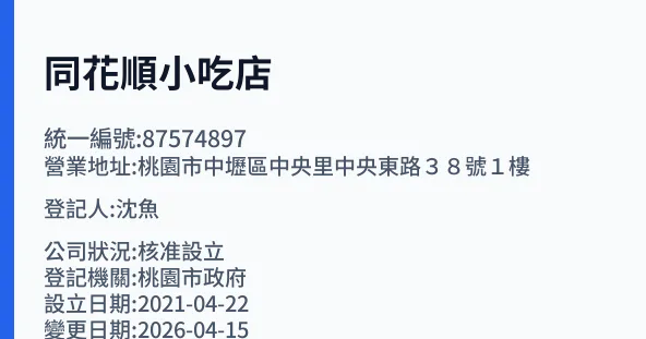 同花順小吃店的照片-統編 87574897(桃園市) 公司登記資料與營業項目詳細圖表