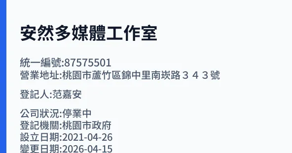 安然多媒體工作室的照片-統編 87575501(桃園市) 公司登記資料與營業項目詳細圖表