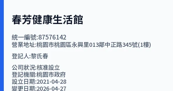 春芳健康生活館的照片-統編 87576142(桃園市) 公司登記資料與營業項目詳細圖表