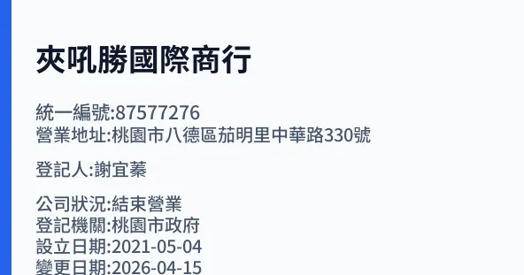 夾吼勝國際商行的照片-統編 87577276(桃園市) 公司登記資料與營業項目詳細圖表