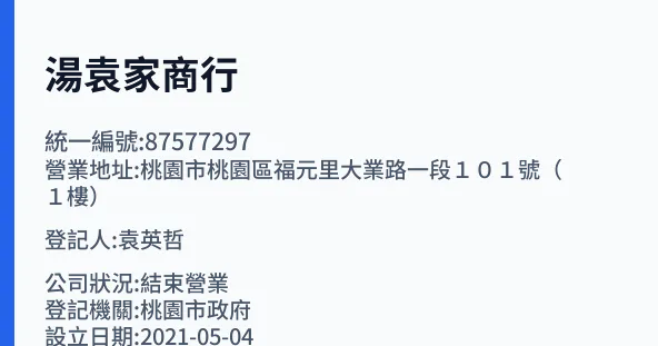 湯袁家商行的照片-統編 87577297(桃園市) 公司登記資料與營業項目詳細圖表