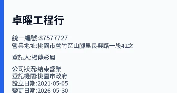 卓曜工程行的照片-統編 87577727(桃園市) 公司登記資料與營業項目詳細圖表