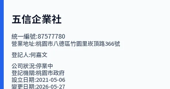 五信企業社的照片-統編 87577780(桃園市) 公司登記資料與營業項目詳細圖表