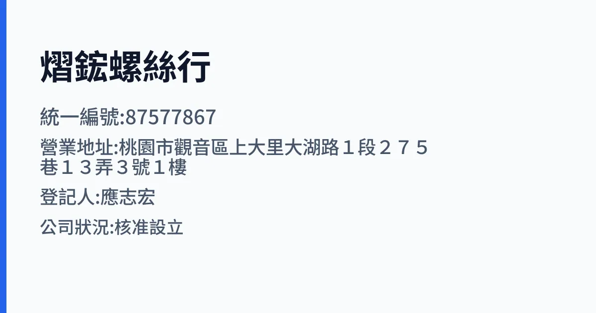 熠鋐螺絲行 - 統編 87577867（桃園市） 公司登記資料與營業項目詳細圖表