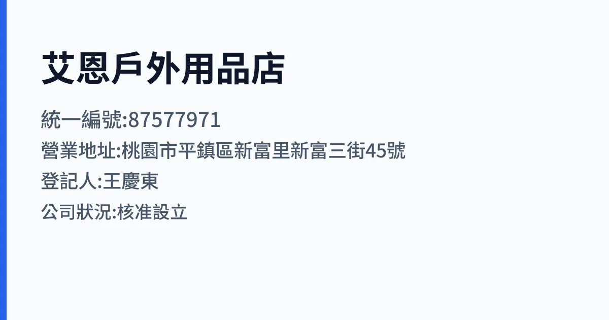 艾恩戶外用品店 - 統編 87577971(桃園市) 公司登記資料與營業項目詳細圖表