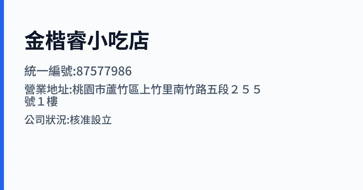 金楷睿小吃店 - 統編 87577986(桃園市) 公司登記資料與營業項目詳細圖表