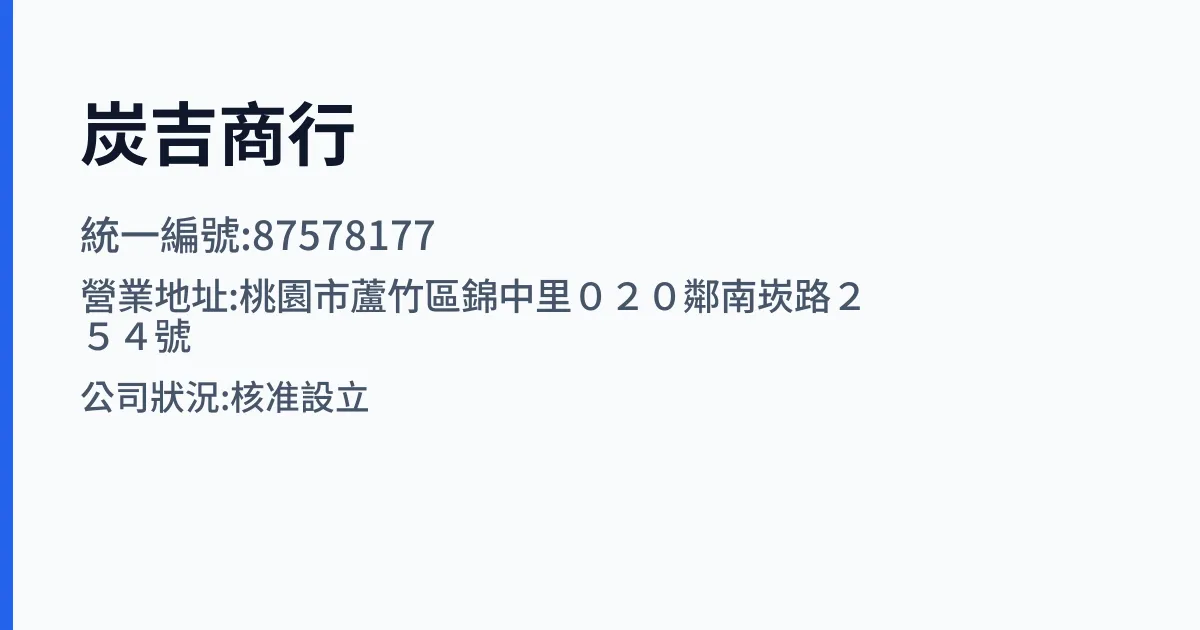 炭吉商行 - 統編 87578177(桃園市) 公司登記資料與營業項目詳細圖表